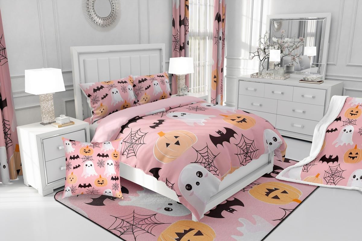 Erosebridal Pink Halloween Duvet Cover King, Pumpkin Lantern Bedding Set for Kids Girls, Cartoon Ghost Bat Comforter Cover Gothic Spooky Spider Web Bed Set Halloween Decoration with 2 Pilow Cases