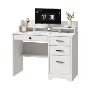 4 EVER WINNER Computer Desk with Drawers, 44 Inch Farmhouse Home Office Desk with Monitor Stand and File Drawer, Wood Study Writing Table for Small Spaces, Small Desk for Bedroom, White