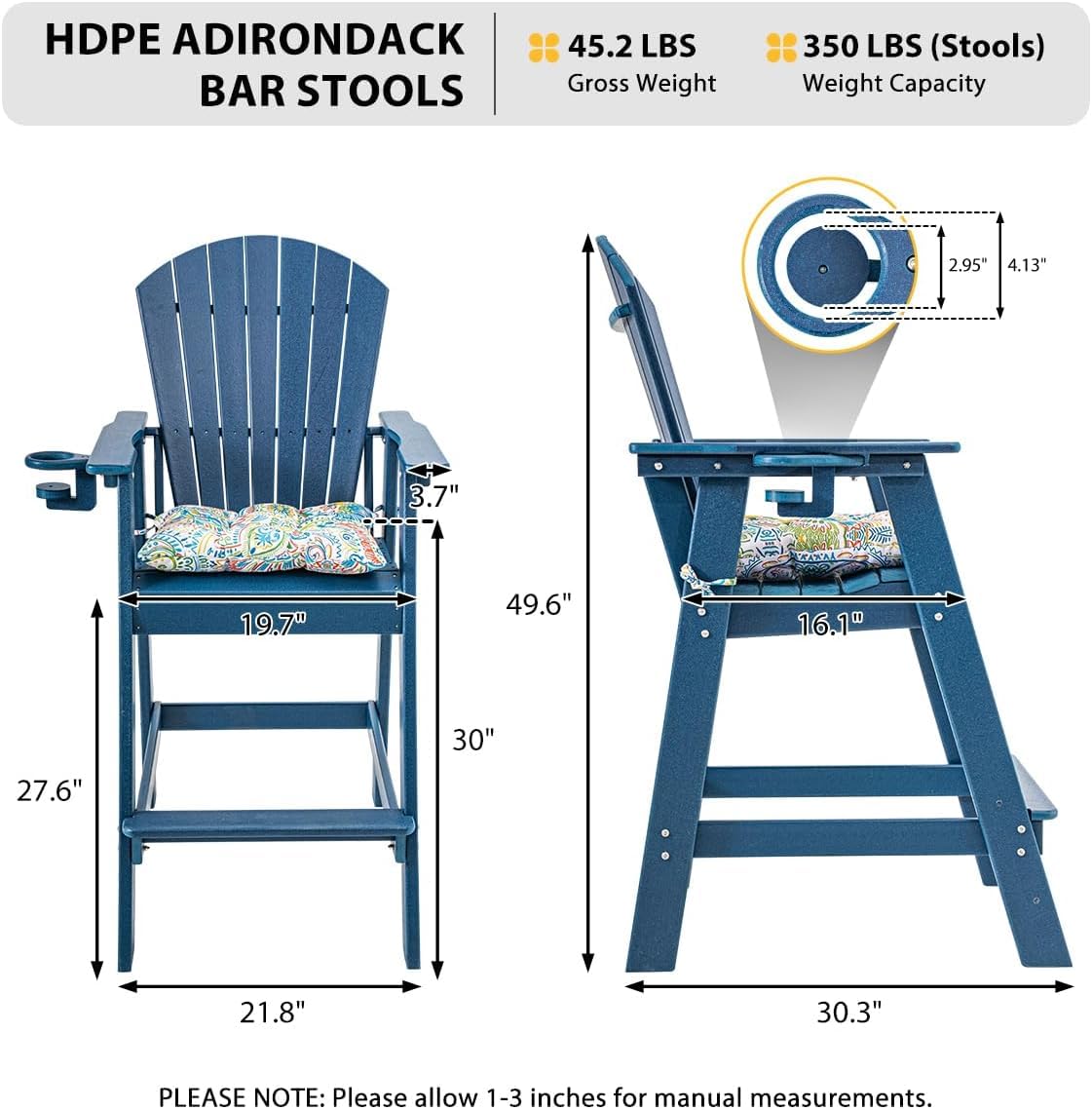 Sundale Outdoor Adirondack Bar Chairs Set of 2, Patio HDPE Bar Stools with Backrest, 30 Inch Seat Height Bistro Tall Dining Counter Barstools with Cushion, All-Weather Pub Height Chair, Navy Blue