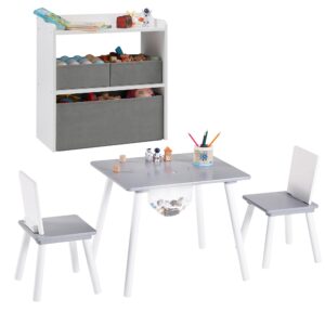 vecelo kids playroom set, table and 2 chair with organizer shelf, hidden mesh storage, compact modern design, easy assembly, white/grey