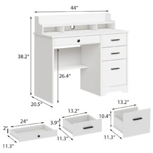 4 EVER WINNER Computer Desk with Drawers, 44 Inch Farmhouse Home Office Desk with Monitor Stand and File Drawer, Wood Study Writing Table for Small Spaces, Small Desk for Bedroom, White