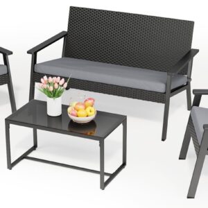 Ahomly Patio Furniture Set,4 Pieces Outdoor Patio Furniture with Deep Seating Cushion,Wicker Patio Conversation Set Balcony Furniture with Table for Backyard,Porch,Gray