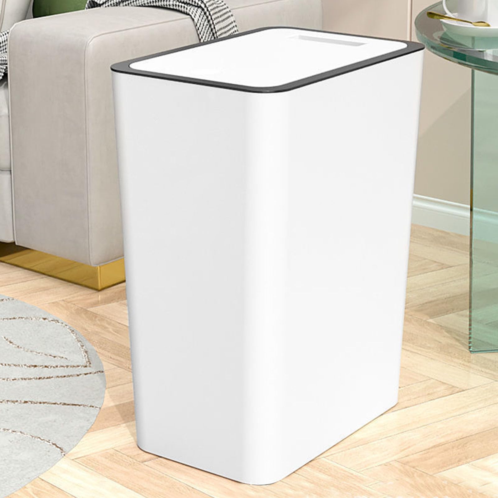 VIVIDPLOT Press Type Plastic Trash Can with Lid 15L Capacity White Bathroom Kitchen Garbage Bin