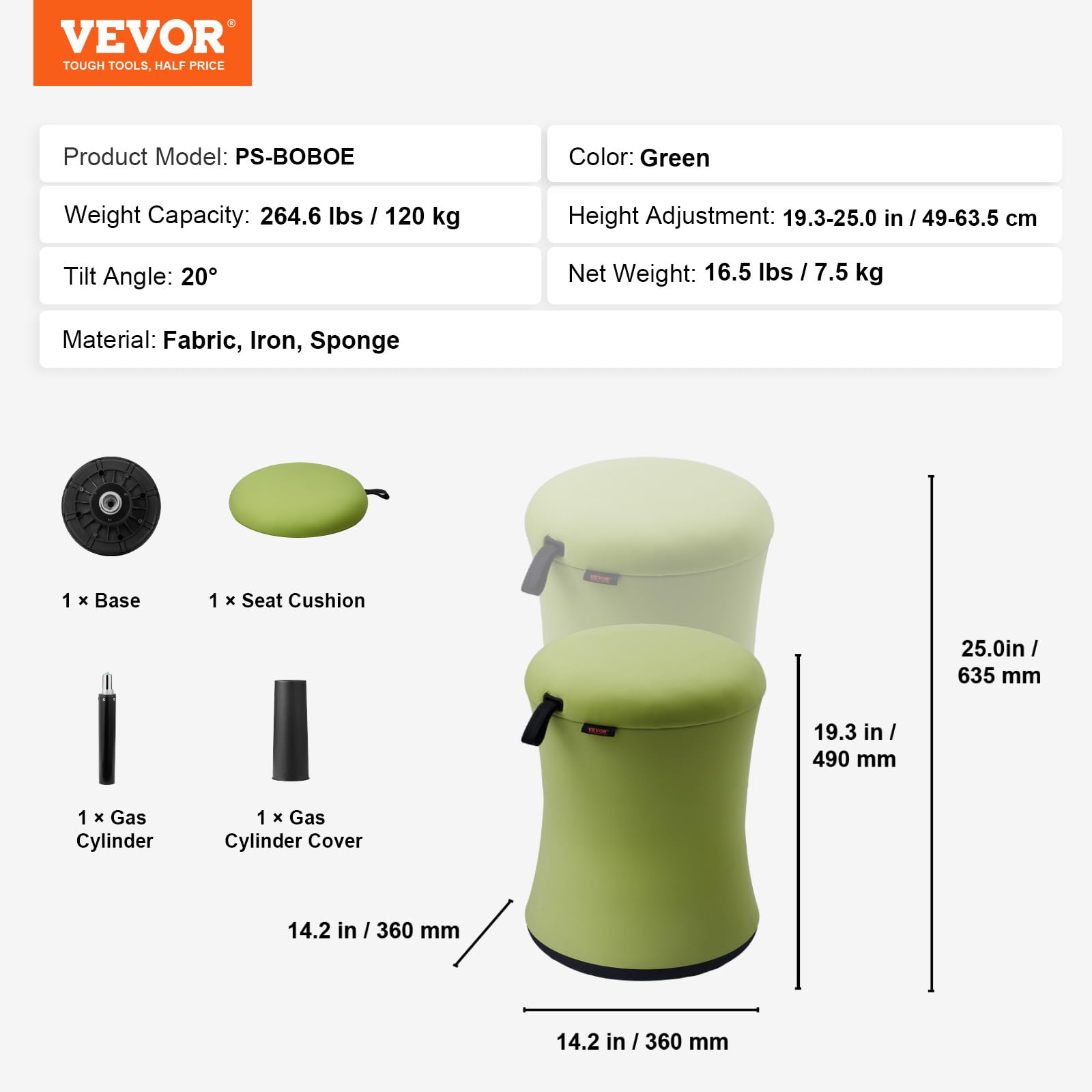 VEVOR Wobble Chair, Height-Adjustable (19.3-25") Wobble Chair with Fabric Cover, Flexible Seating Wobble Stool Made of Iron & Sponge, Ideal for School, Office & Home, 20° Tilt Angle, Age 12-18, Green