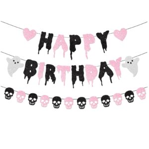 black glitter halloween birthday banner black and pink heart skull garland halloween happy birthday decorations for halloween birthday party decorations theme baby shower supplies