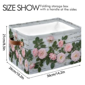 Large Storage Basket Pink Rose Storage Bin Cube Canvas Fabric Organizer Handles Collapsible for Clothes Toys Bedroom Decorative