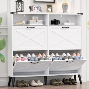 loomie shoe cabinet with 4 flip drawers, farmhouse shoe storage cabinet with 2 open cubbies, freestanding narrow hidden shoe rack organizer with solid wood legs for entryway, hallway (white)