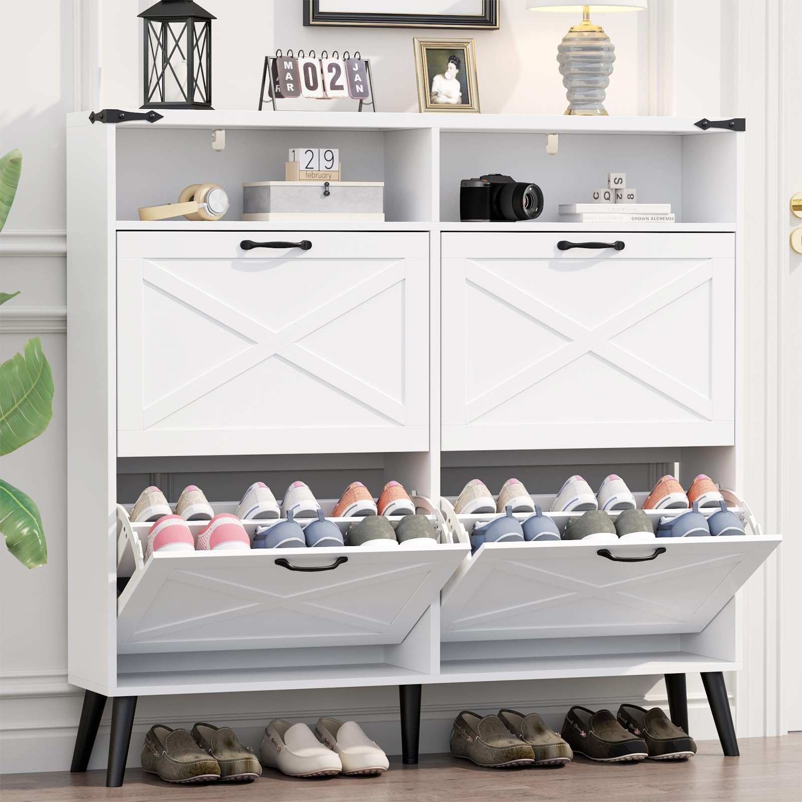 Loomie Shoe Cabinet with 4 Flip Drawers, Farmhouse Shoe Storage Cabinet with 2 Open Cubbies, Freestanding Narrow Hidden Shoe Rack Organizer with Solid Wood Legs for Entryway, Hallway (White)