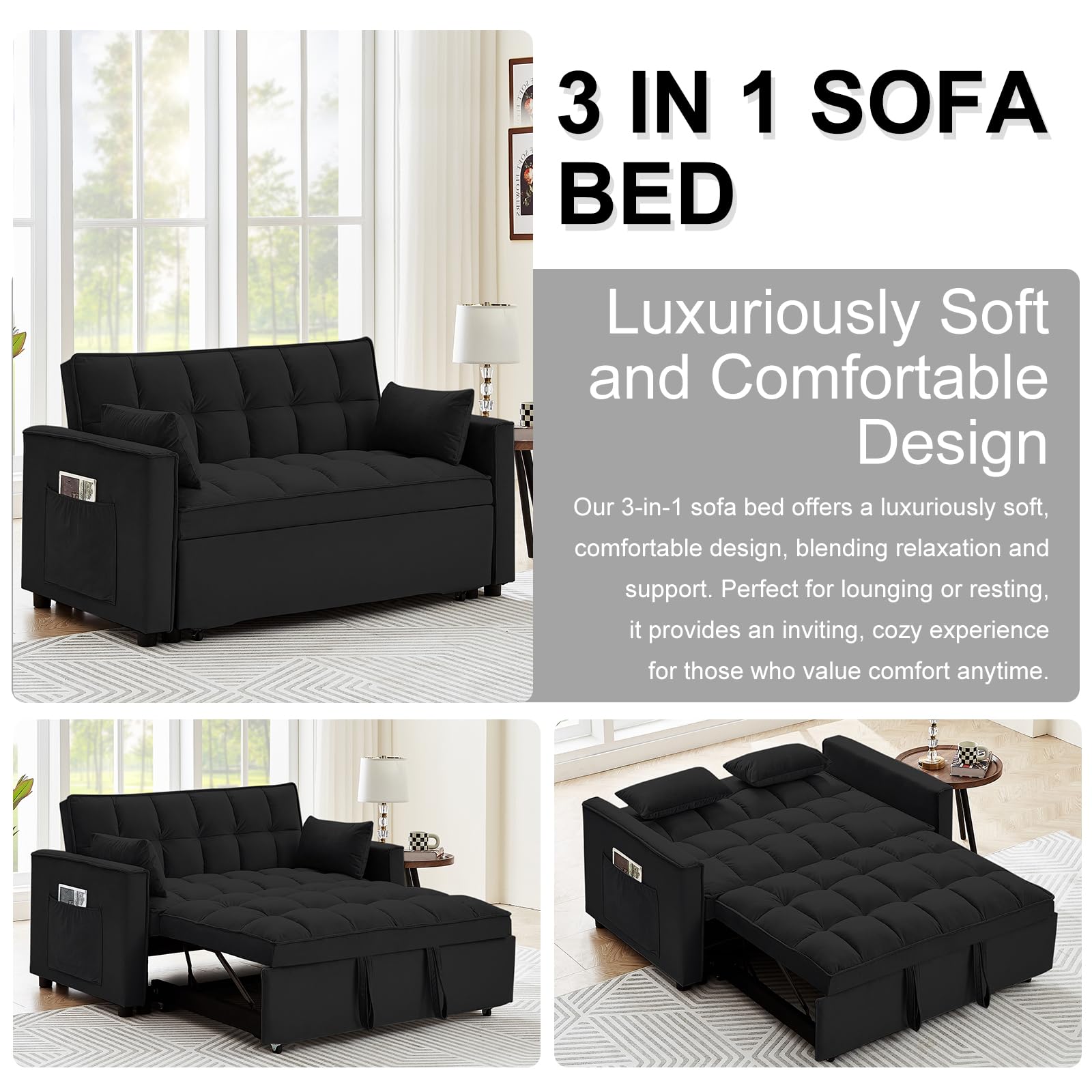 Wakefit 3 in 1 Convertible Sleeper Futon Sofa Bed with 2 Toss Pillows, 55 Inch Velvet Small Loveseat Lounge Couch with Reclining Backrest & Side Pockets for Living Room, Pull-Out Couch, Classic Black