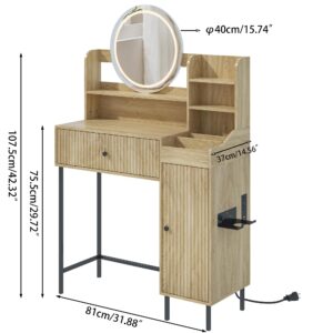 Furtivusia Fluted Makeup Vanity Desk with Mirror and Light Modern Vanity Table with Charging Station Dressing Table with Drawers & Cabinet & Shelves & Divided Organizers 3 Light Settings for Bedroom