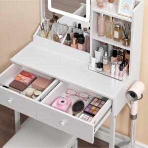 Gizoon Vanity Desk with Mirror and Lights Makeup Vanity Desk with Lights and Chair Small Vanity Table with Drawers for Girls Kids and Women in Bedroom Bathroom and Closet Room, White