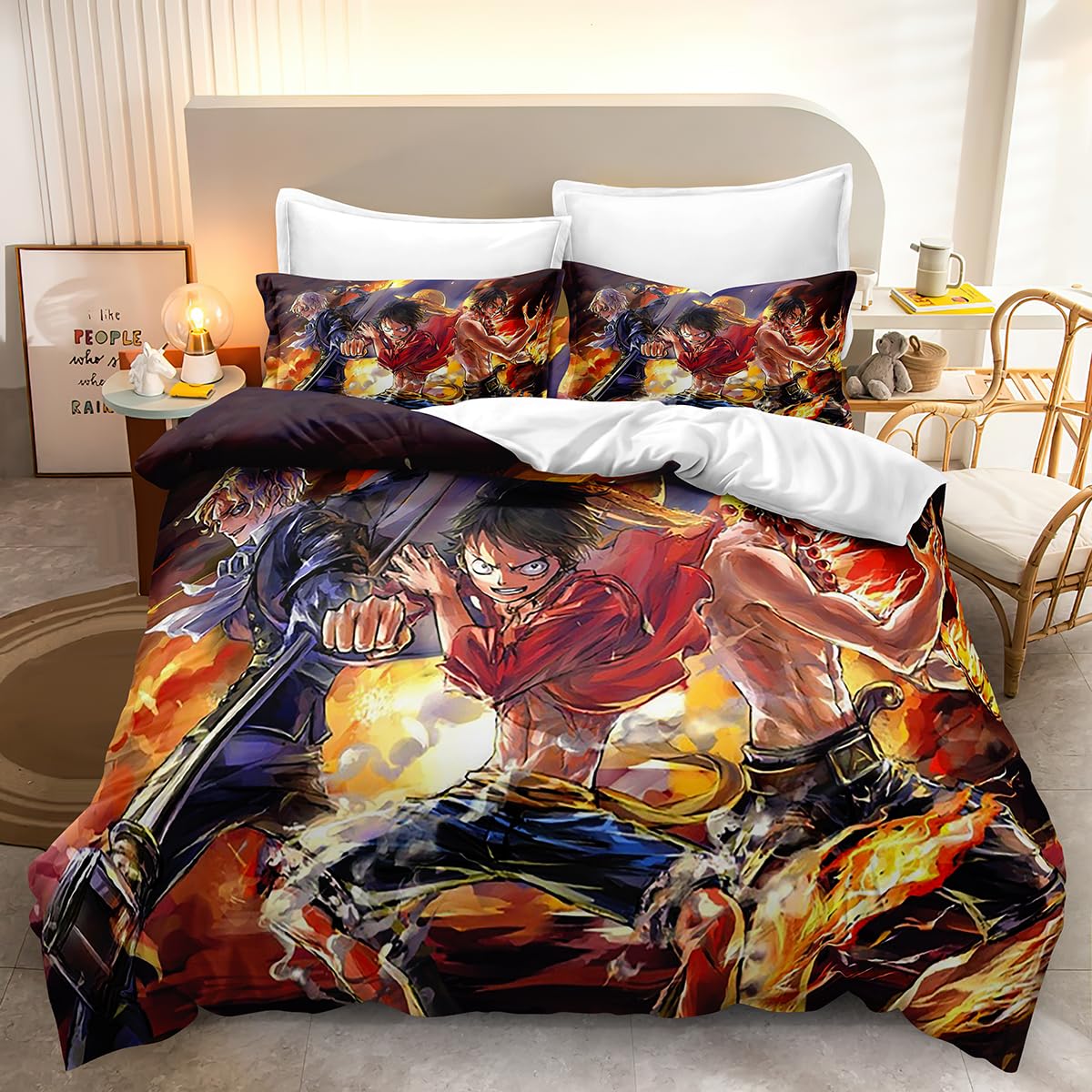 JKLWOAWR Cartoon Comforter Set Monkey One Microfiber Comforter Set D. Luffy 3D Digital Printing Comforter Set with Zipper Anime Bedding Teenage Girls Bedding (1 Duvet Cover and 2 Pillow Covers)