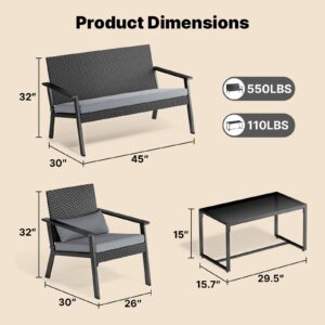 Ahomly Patio Furniture Set,4 Pieces Outdoor Patio Furniture with Deep Seating Cushion,Wicker Patio Conversation Set Balcony Furniture with Table for Backyard,Porch,Gray