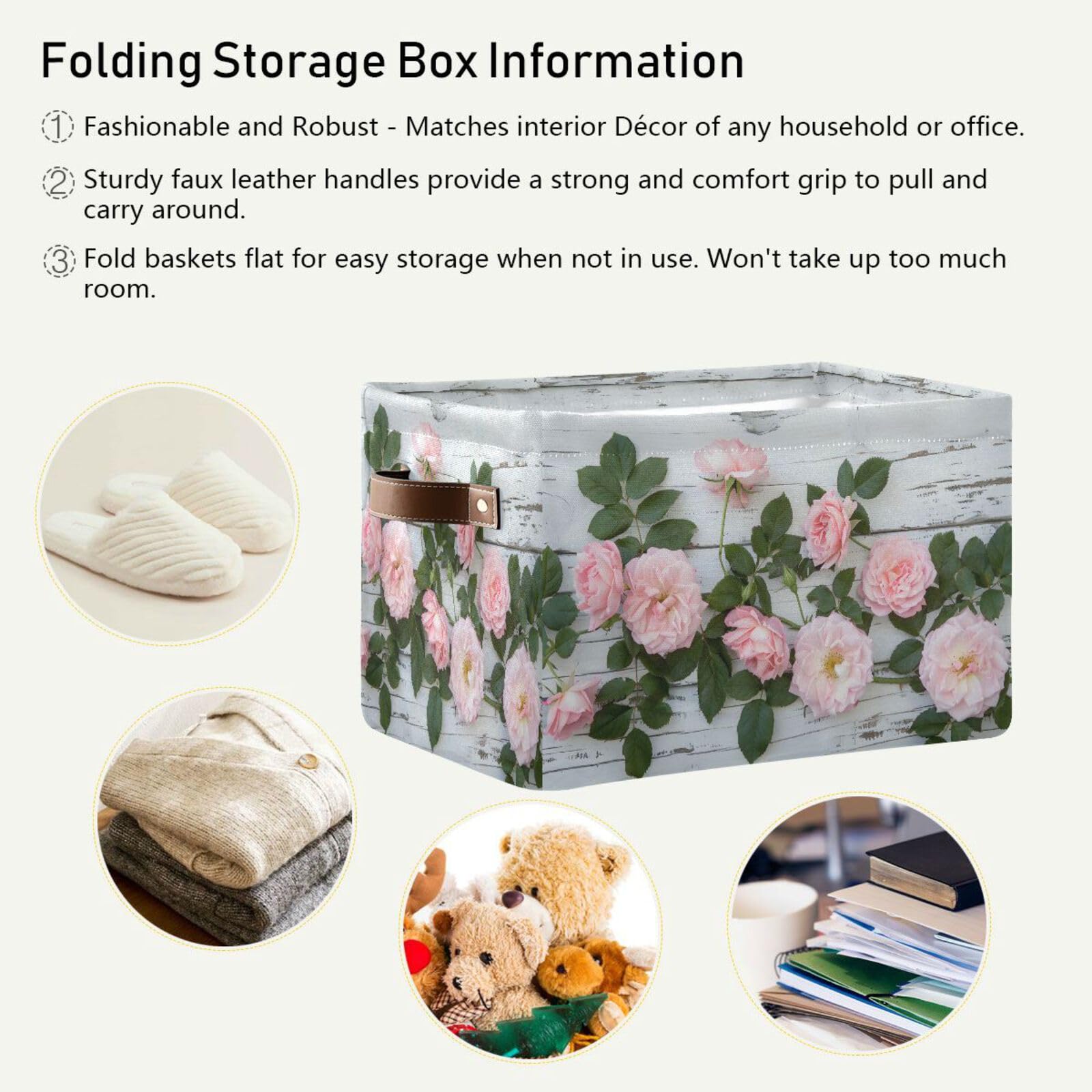 Large Storage Basket Pink Rose Storage Bin Cube Canvas Fabric Organizer Handles Collapsible for Clothes Toys Bedroom Decorative