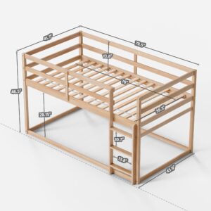 TOLEAD Low Bunk Bed Twin Over Twin, Floor Bunk Bed with Ladder, Twin Bunk Bed with Full Guardrails, Wooden Bunk Bed for Juniors, Boys, Girls, Kids, Bedrooms (Natural)