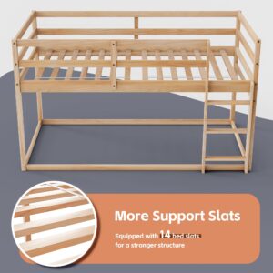 TOLEAD Low Bunk Bed Twin Over Twin, Floor Bunk Bed with Ladder, Twin Bunk Bed with Full Guardrails, Wooden Bunk Bed for Juniors, Boys, Girls, Kids, Bedrooms (Natural)