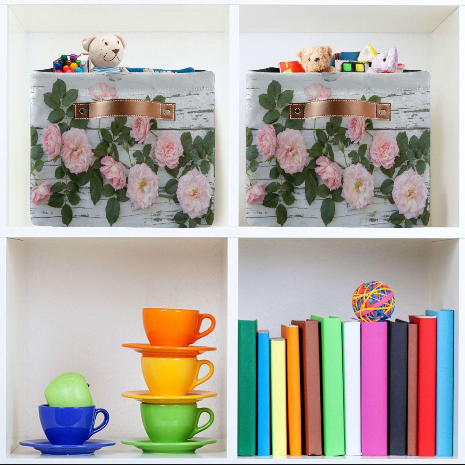 Large Storage Basket Pink Rose Storage Bin Cube Canvas Fabric Organizer Handles Collapsible for Clothes Toys Bedroom Decorative