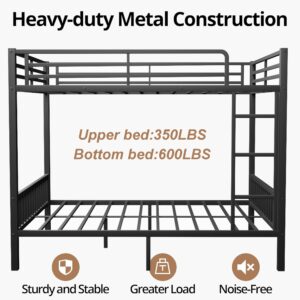 Luckiofvonne Queen Over Queen Bunk Bed for Adults, Heavy-Duty Metal Bunk Bed Frame with Ladder, High Guardrail and Slats Support, No Box Spring Needed, Black