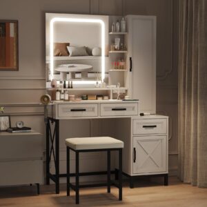 Maupvit Vanity Desk with HD LED Mirror,White Vanity with Large Jewelry Cabinet,Lots Storage Shelves,3 Drawers & Cabinets,Vanity with Charging Station,3 Lighting Modes, Brightness Adjustable