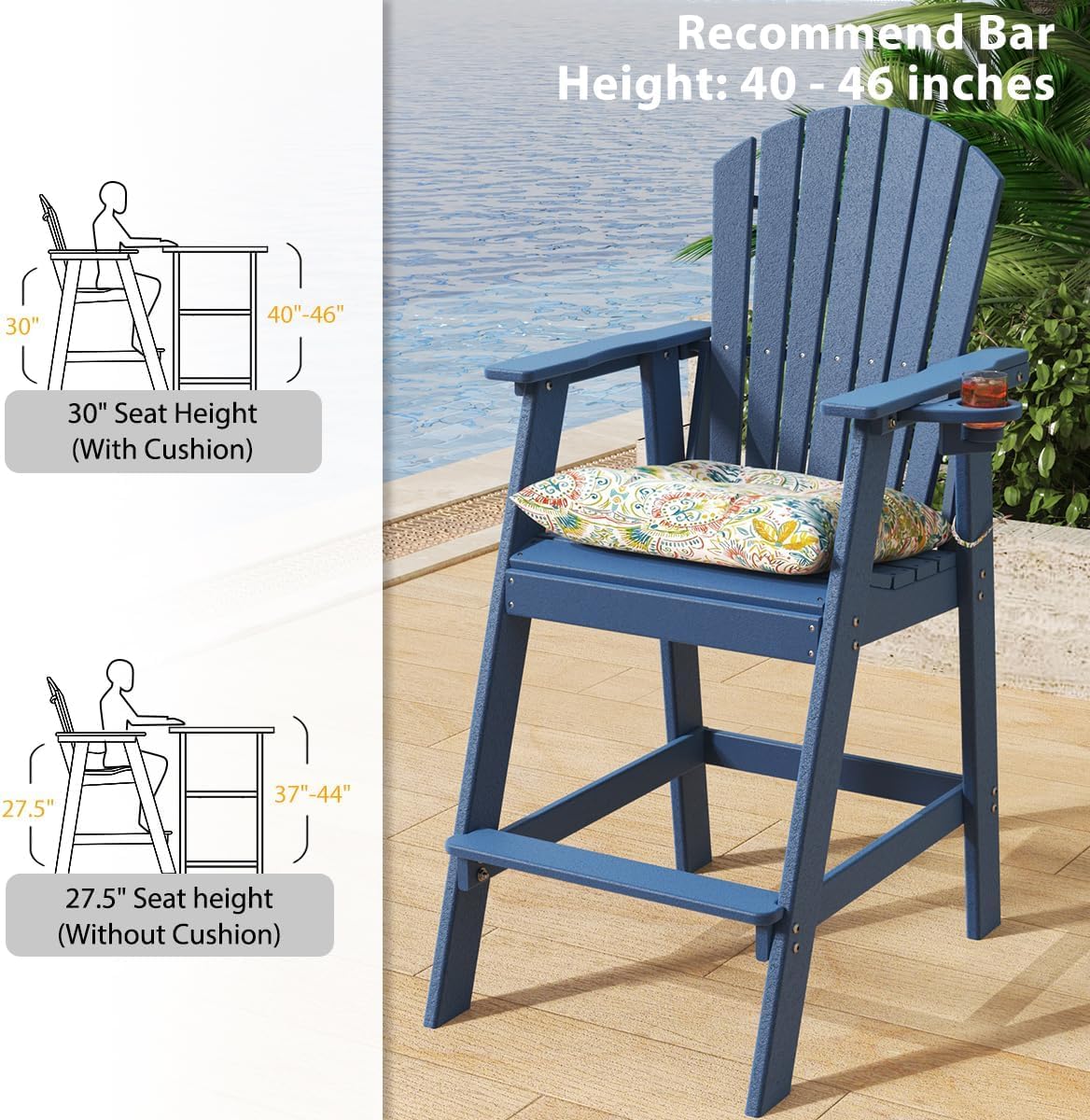 Sundale Outdoor Adirondack Bar Chairs Set of 2, Patio HDPE Bar Stools with Backrest, 30 Inch Seat Height Bistro Tall Dining Counter Barstools with Cushion, All-Weather Pub Height Chair, Navy Blue