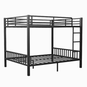 Luckiofvonne Queen Over Queen Bunk Bed for Adults, Heavy-Duty Metal Bunk Bed Frame with Ladder, High Guardrail and Slats Support, No Box Spring Needed, Black