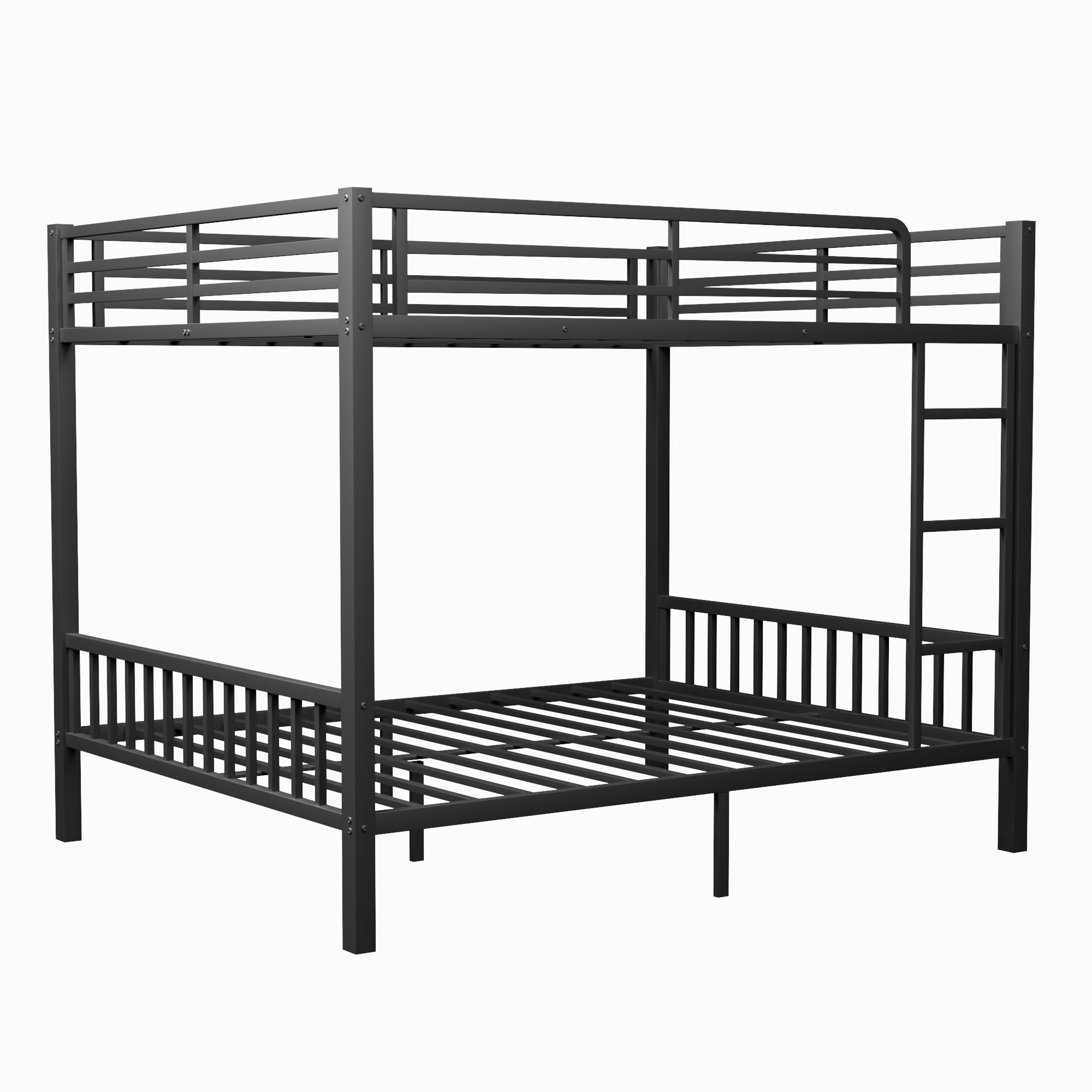 Luckiofvonne Queen Over Queen Bunk Bed for Adults, Heavy-Duty Metal Bunk Bed Frame with Ladder, High Guardrail and Slats Support, No Box Spring Needed, Black