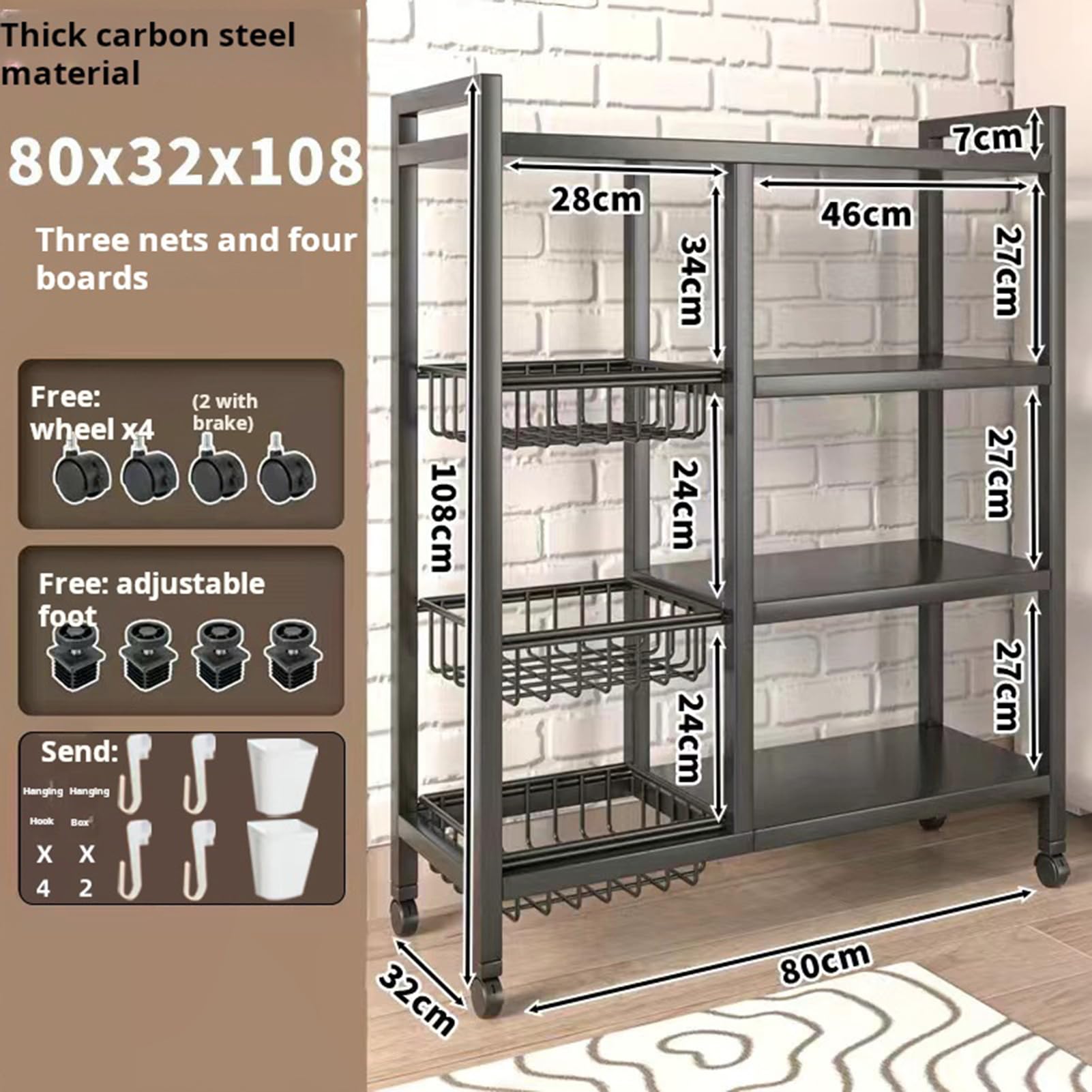 GlamorLuxe Kitchen Storage Rack Microwave Oven Stand with Wheels High Load-Bearing Capacity 4 Tier Utility Storage Rack Metal Shelving Units, 31.5" W x 12.6" D x 42.52" H