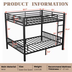 Luckiofvonne Queen Over Queen Bunk Bed for Adults, Heavy-Duty Metal Bunk Bed Frame with Ladder, High Guardrail and Slats Support, No Box Spring Needed, Black