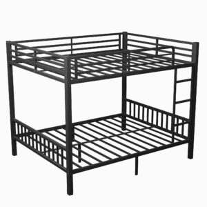 Luckiofvonne Queen Over Queen Bunk Bed for Adults, Heavy-Duty Metal Bunk Bed Frame with Ladder, High Guardrail and Slats Support, No Box Spring Needed, Black