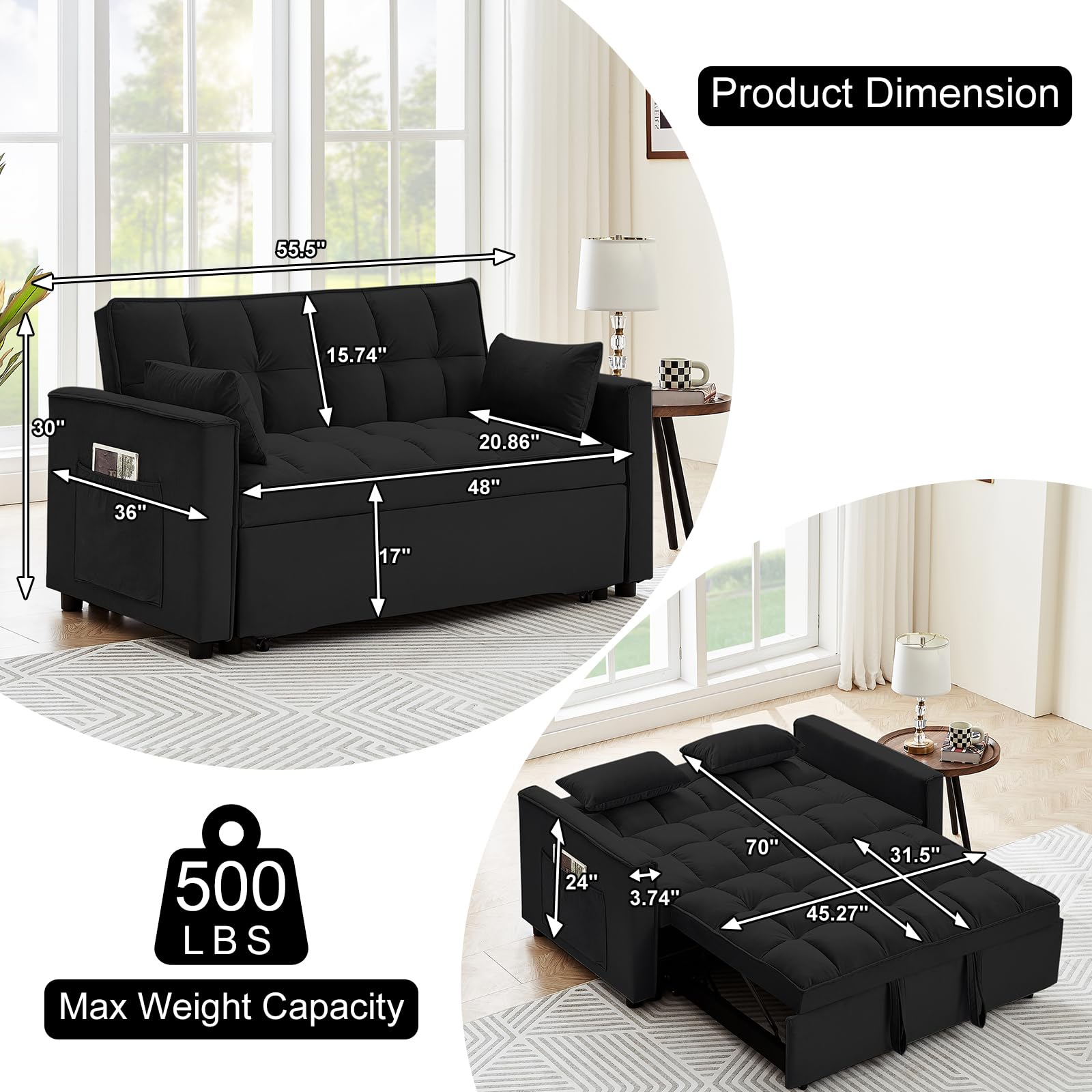 Wakefit 3 in 1 Convertible Sleeper Futon Sofa Bed with 2 Toss Pillows, 55 Inch Velvet Small Loveseat Lounge Couch with Reclining Backrest & Side Pockets for Living Room, Pull-Out Couch, Classic Black