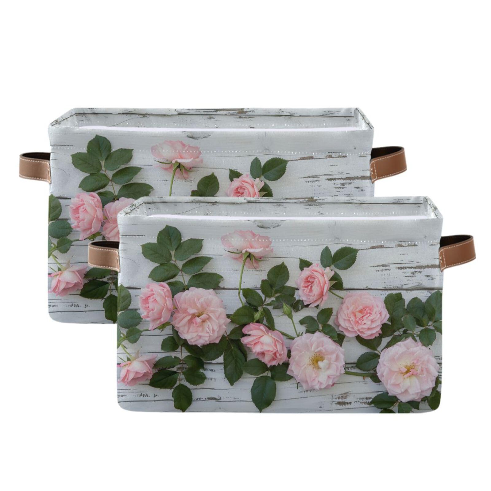 Large Storage Basket Pink Rose Storage Bin Cube Canvas Fabric Organizer Handles Collapsible for Clothes Toys Bedroom Decorative