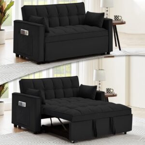 wakefit 3 in 1 convertible sleeper futon sofa bed with 2 toss pillows, 55 inch velvet small loveseat lounge couch with reclining backrest & side pockets for living room, pull-out couch, classic black