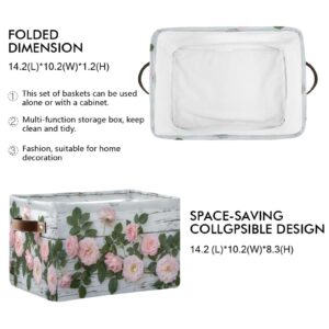 Large Storage Basket Pink Rose Storage Bin Cube Canvas Fabric Organizer Handles Collapsible for Clothes Toys Bedroom Decorative