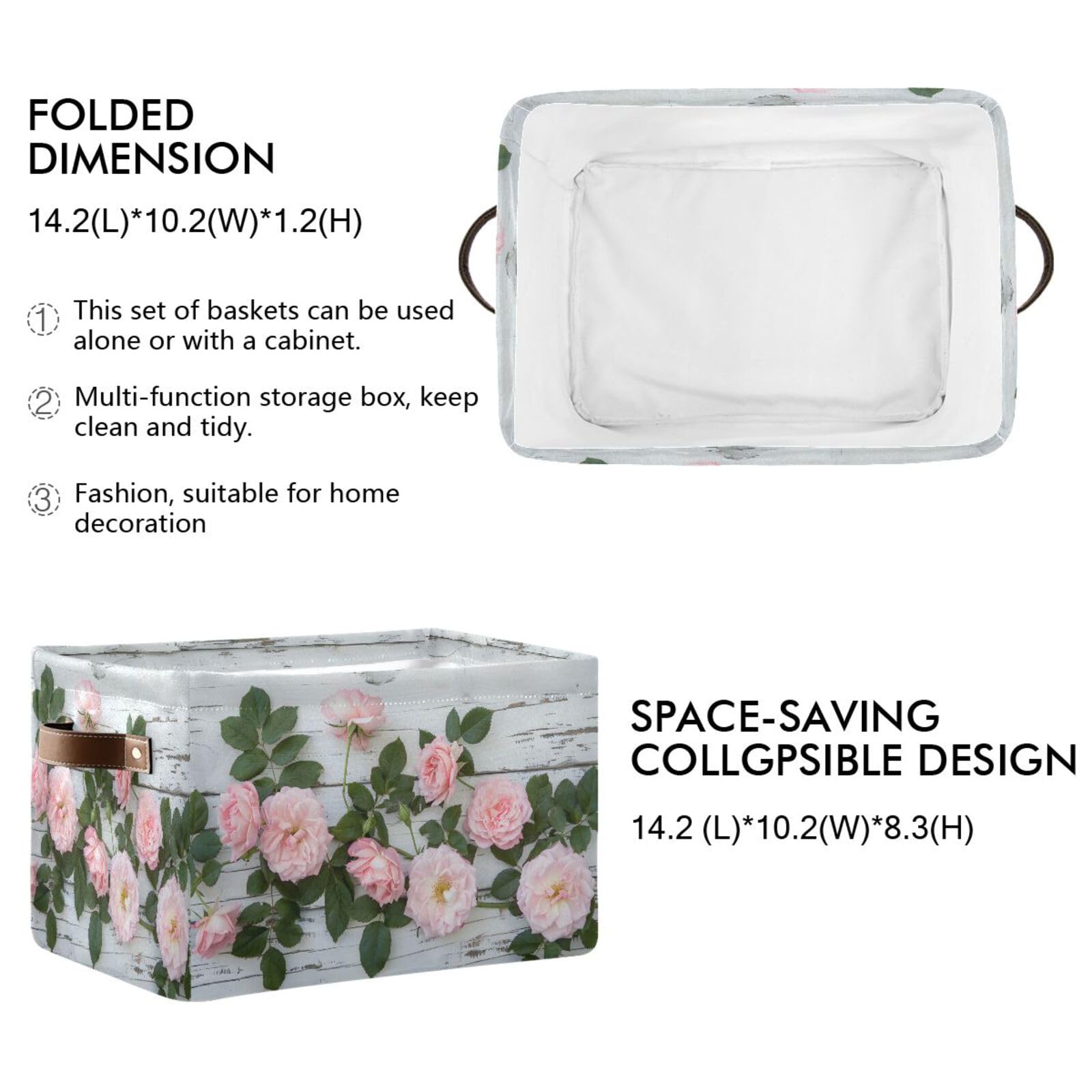 Large Storage Basket Pink Rose Storage Bin Cube Canvas Fabric Organizer Handles Collapsible for Clothes Toys Bedroom Decorative