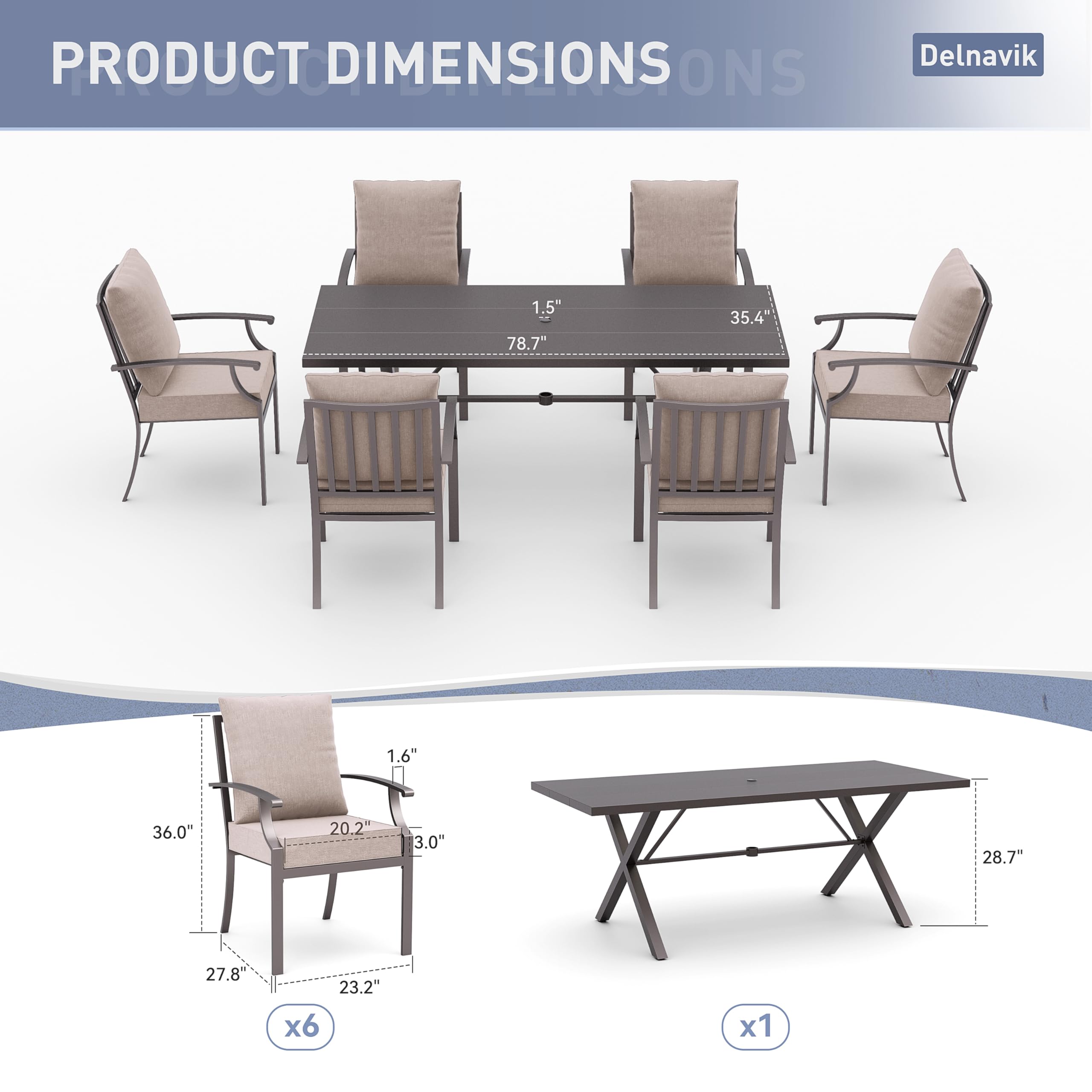 Kurapika 7 Piece Patio Dining Set Outdoor Furniture, Metal Patio Furniture Set 6 Fixed Chairs and Large Table with Umbrella Cutout for Deck Garden Backyard, Sand