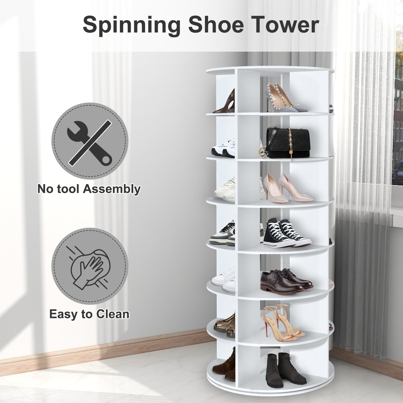 Hestiasko Rotating Shoe Rack Tower, 7 Tier Spinning Shoe Rack Tower, Center Hollow Rotating Shoe Rack Tower 360°, Easy to Assemble, Round Shoe Rack for Entryway Living Room Hallway - White