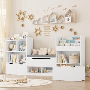 fotosok 72” kids bookshelf with reading nook, super large toy storage organizer with seat cushion and 3 movable drawers, kids reading nook toy organizers and storage with bench for living room