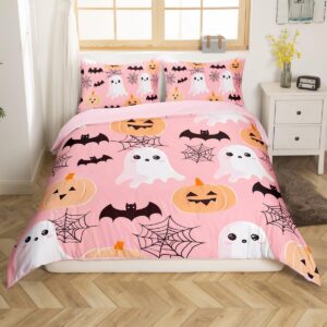 erosebridal pink halloween duvet cover king, pumpkin lantern bedding set for kids girls, cartoon ghost bat comforter cover gothic spooky spider web bed set halloween decoration with 2 pilow cases