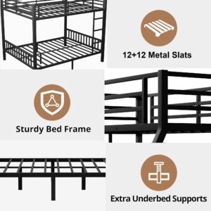 Luckiofvonne Queen Over Queen Bunk Bed for Adults, Heavy-Duty Metal Bunk Bed Frame with Ladder, High Guardrail and Slats Support, No Box Spring Needed, Black