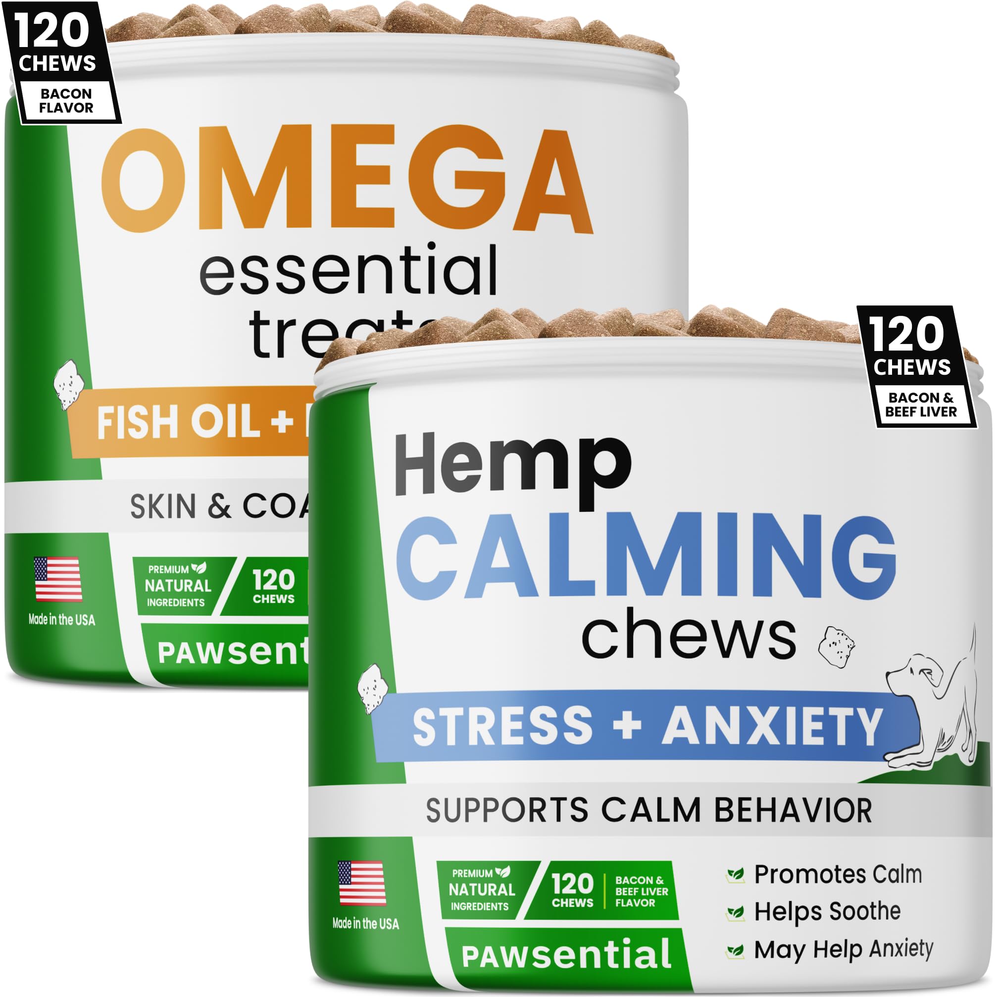 Omega Fish Oil + Advanced Calming for Dogs Bundle - Omega Skin&Coat Supplement +Calm & Sleep Aid Bites - Itch Relief, Shedding, Hot Spots + Anti Anxiety & Aggression Pill - 240 Ct - Made in USA