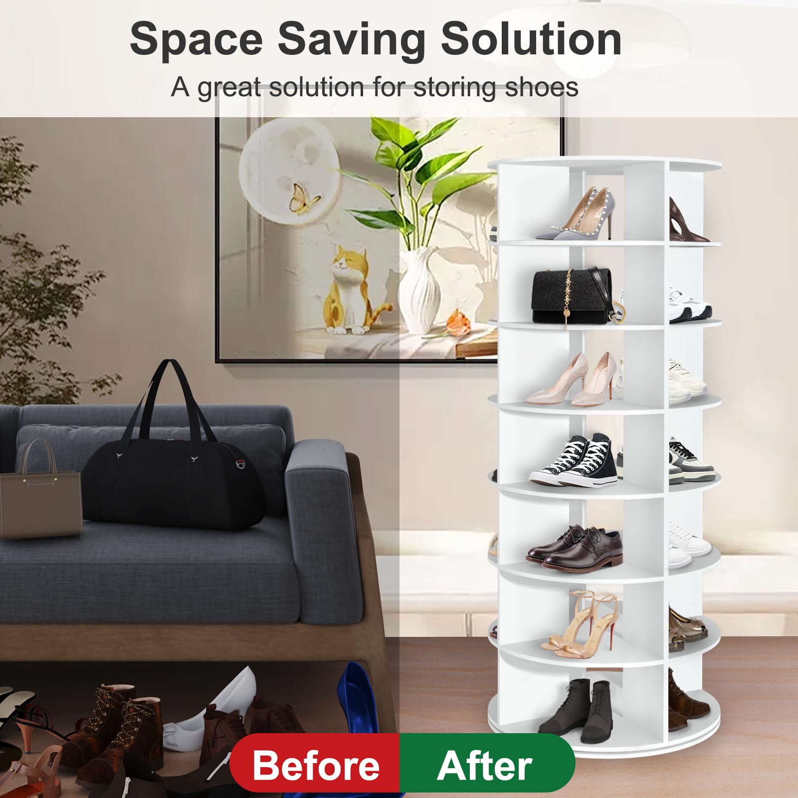 Hestiasko Rotating Shoe Rack Tower, 7 Tier Spinning Shoe Rack Tower, Center Hollow Rotating Shoe Rack Tower 360°, Easy to Assemble, Round Shoe Rack for Entryway Living Room Hallway - White