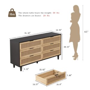 NTYUNRR Black Rattan Dresser, 6 Drawer Double Dresser for Bedroom, 51.18" Rattan Dresser for Closet, Rattan Storage Cabinet Rattan Drawer with Metal Handles, for Living Room, Black M