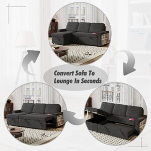 CAPCAEK 85.8" L-Shaped Couch Convertible with Storage Racks & USB Ports, Pull Out Sleeper Sofa Pull-Out Bed, 3 Seater Linen Fabric Convertible Corner Sofa&Couches for Living Room, Apartment (Black)