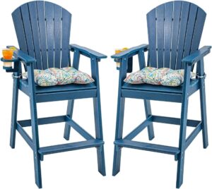 sundale outdoor adirondack bar chairs set of 2, patio hdpe bar stools with backrest, 30 inch seat height bistro tall dining counter barstools with cushion, all-weather pub height chair, navy blue