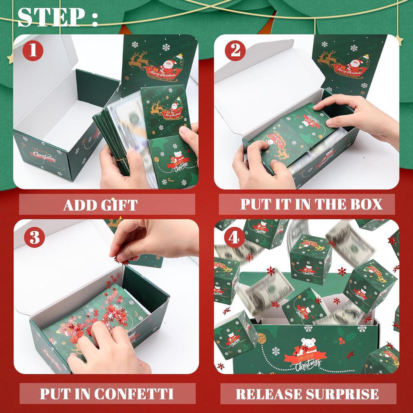 2024 Surprise Gift Box Explosion, Explosion Gift Box, Surprise Box Gift Box For Money, Pop Out Money Gift Box, Surprise Gift Box Set Christmas Gift Boxes (Green, 10 Boxes Set)