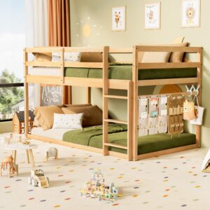 tolead low bunk bed twin over twin, floor bunk bed with ladder, twin bunk bed with full guardrails, wooden bunk bed for juniors, boys, girls, kids, bedrooms (natural)