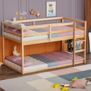 TOLEAD Low Bunk Bed Twin Over Twin, Floor Bunk Bed with Ladder, Twin Bunk Bed with Full Guardrails, Wooden Bunk Bed for Juniors, Boys, Girls, Kids, Bedrooms (Natural)