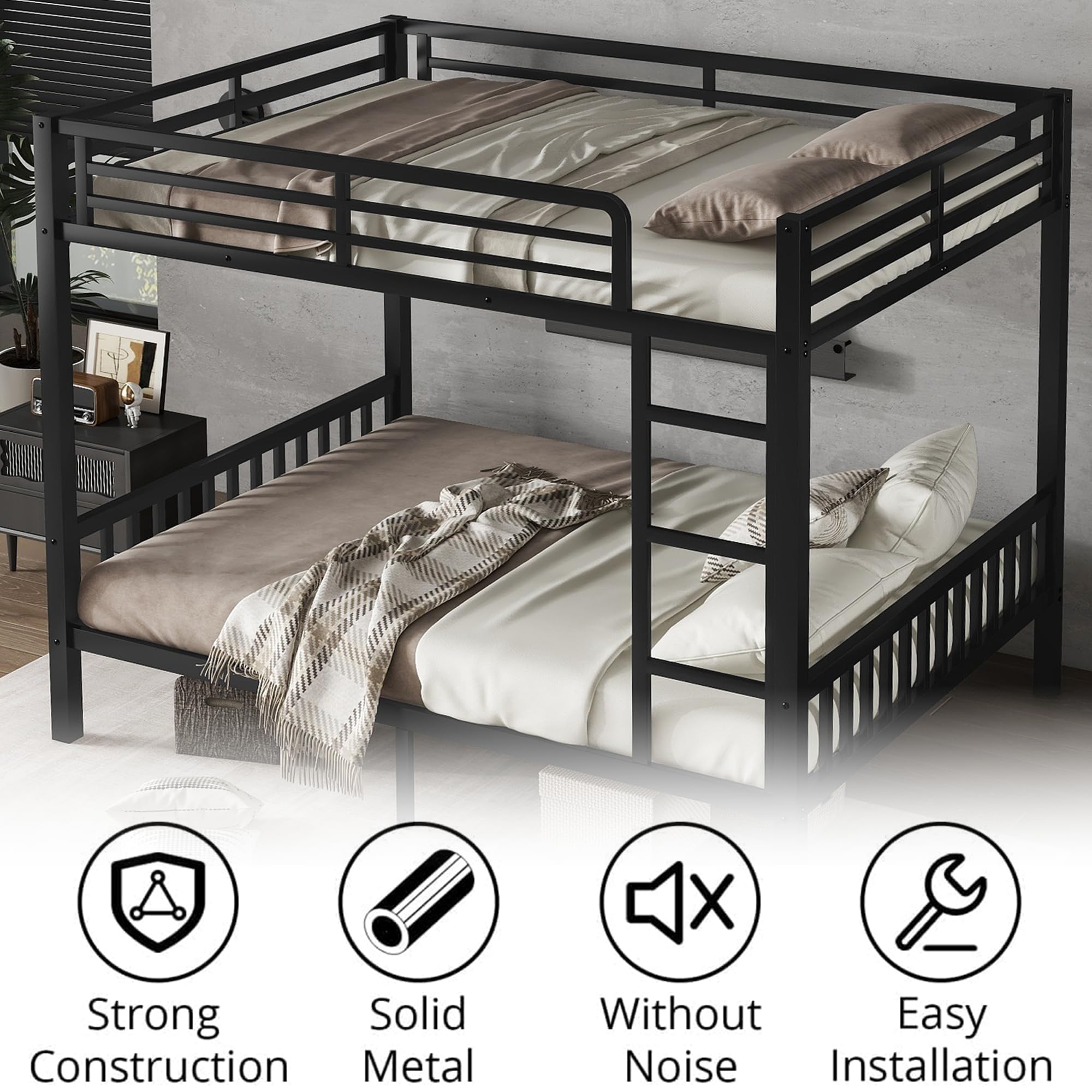 Luckiofvonne Queen Over Queen Bunk Bed for Adults, Heavy-Duty Metal Bunk Bed Frame with Ladder, High Guardrail and Slats Support, No Box Spring Needed, Black