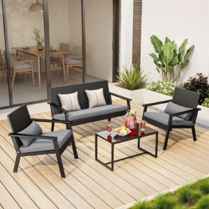 Ahomly Patio Furniture Set,4 Pieces Outdoor Patio Furniture with Deep Seating Cushion,Wicker Patio Conversation Set Balcony Furniture with Table for Backyard,Porch,Gray