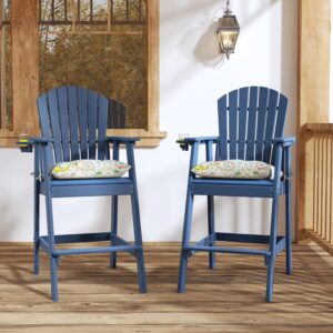 Sundale Outdoor Adirondack Bar Chairs Set of 2, Patio HDPE Bar Stools with Backrest, 30 Inch Seat Height Bistro Tall Dining Counter Barstools with Cushion, All-Weather Pub Height Chair, Navy Blue